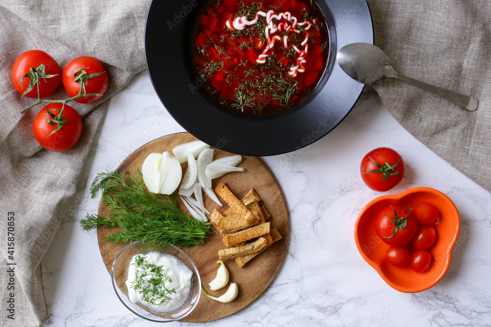 Russian traditional dish borscht and onion with bread Stock Photo ...