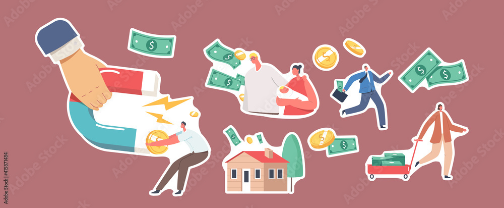 Set Stickers Debt Collection Theme. Hand with Magnet, Family Characters ...