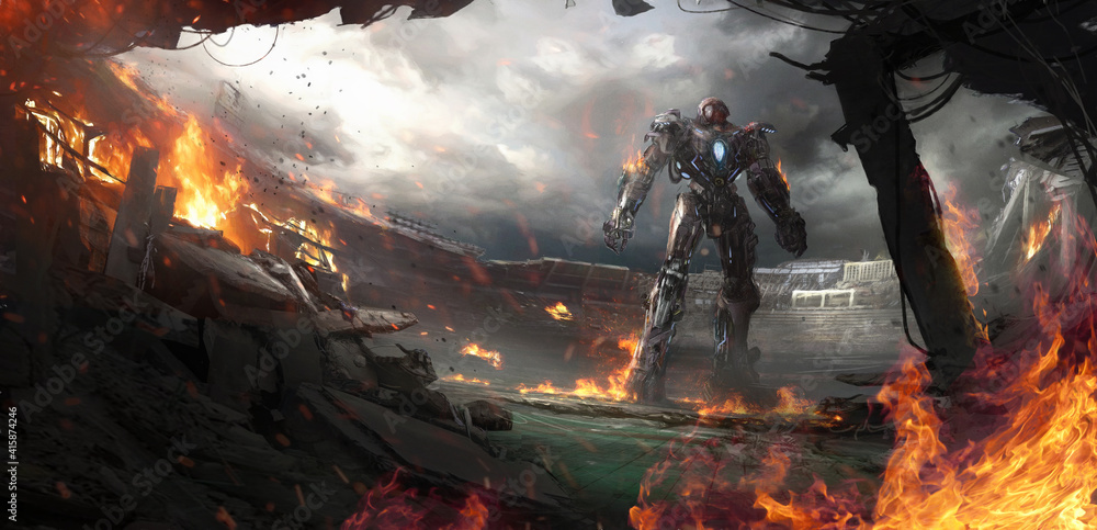 Fictional illustration of a giant robot stands in a destroyed stadium ...