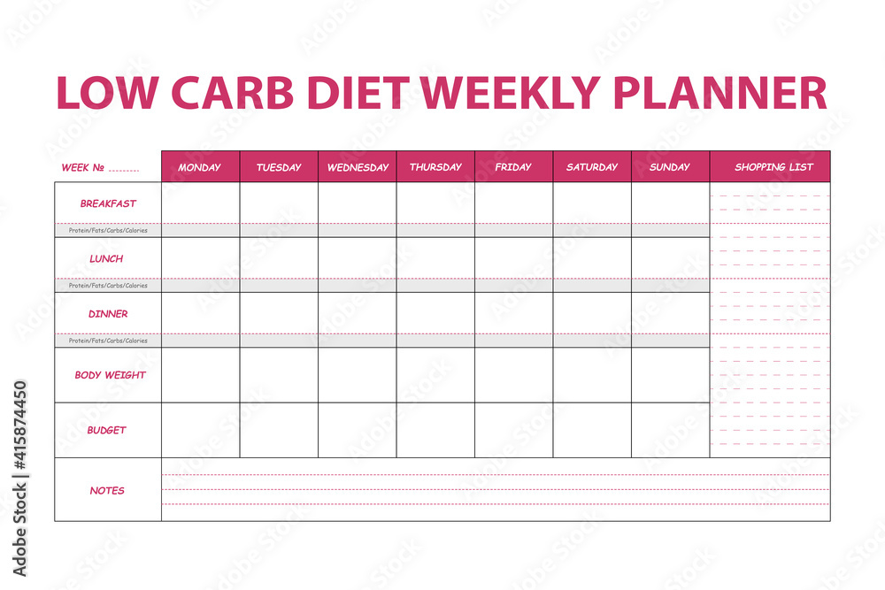 Pink diet weekly planner isolated on white background. Food menu plan ...