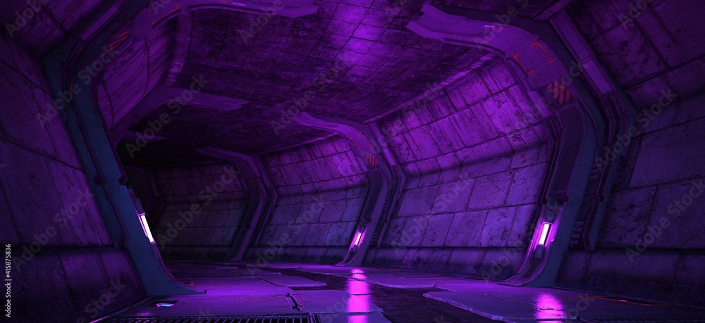 Futuristic city street with dark purple neon lights. Night scene. Urban ...