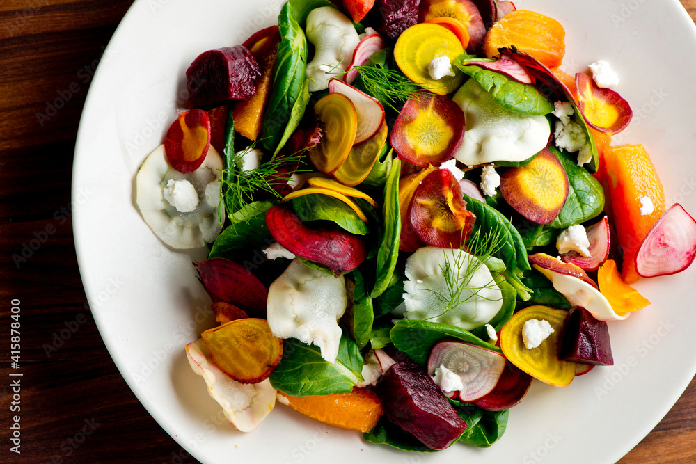 Beet salad. Classic Italian salad with beets, mozzarella, spinach ...