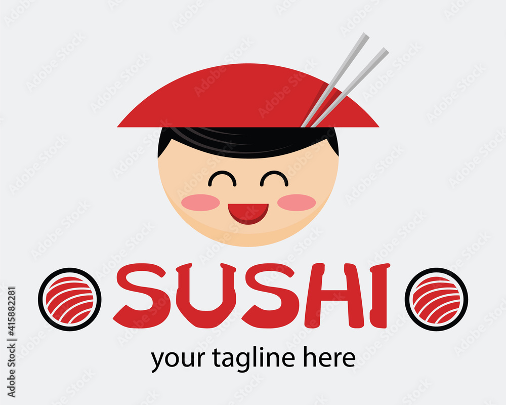 Funny cartoon asian man in cone hat. Japanese food advertisement ...