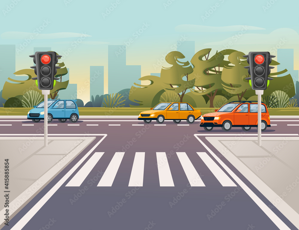 Road transport driving along the road with pedestrian crossing and ...