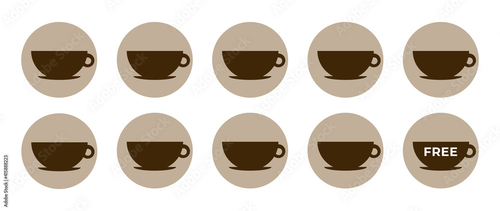 Coffee loyalty card template. Buy 9 cups and get 1 for free. Take away ...