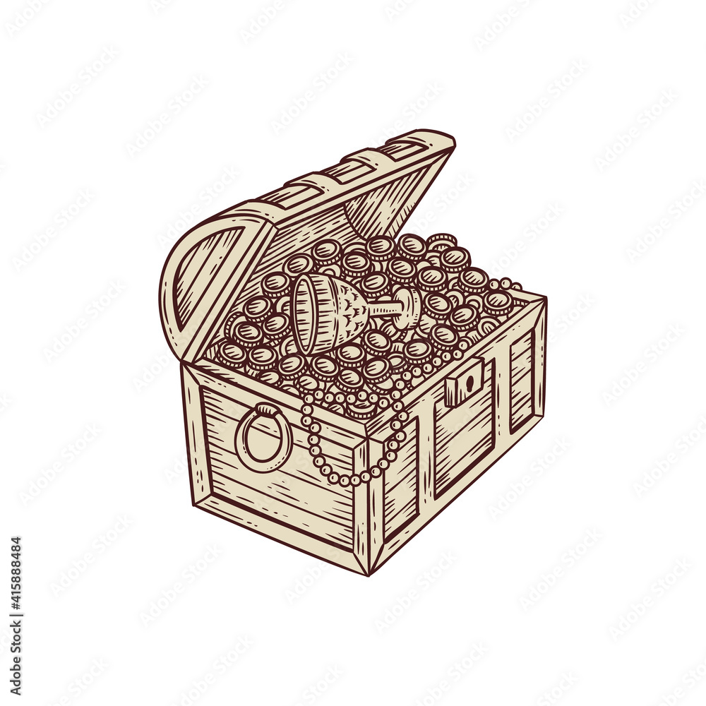 Pirate treasure chest with gold coins, jewelry and chalice Stock Vector ...