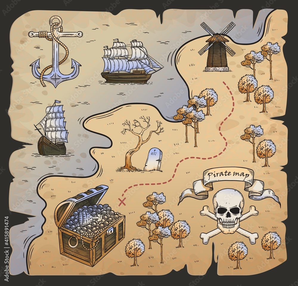 Pirate treasure map drawing - tropical island shore path to gold chest ...