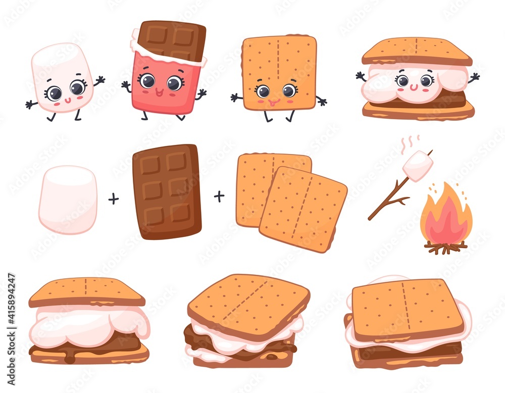 Scheme of smore sweet dessert preparing, cartoon vector illustration ...