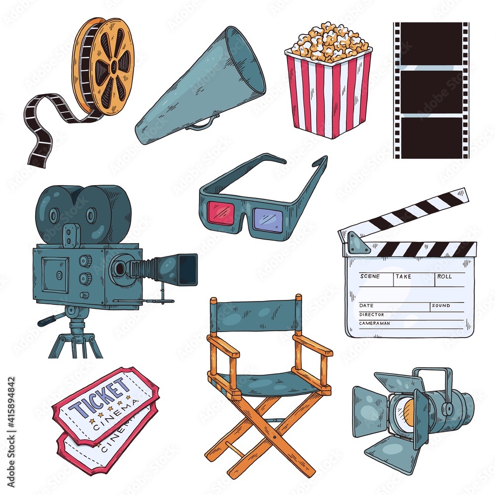 Movie and cinema items set of hand drawn sketch vector illustration ...