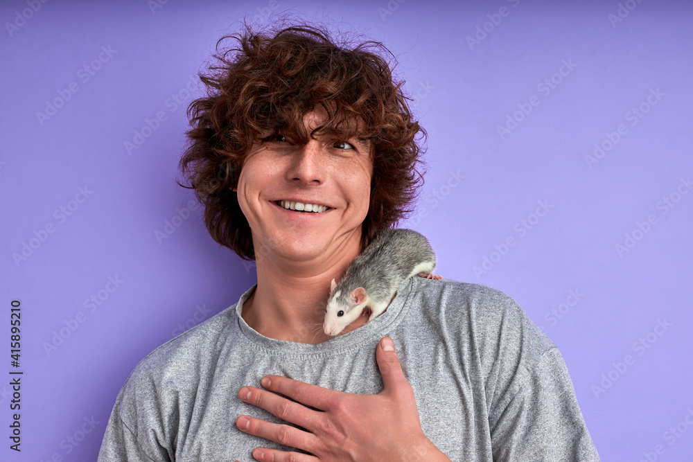 playful rat on male's t-shirt crawling , portrait of handsome curly ...