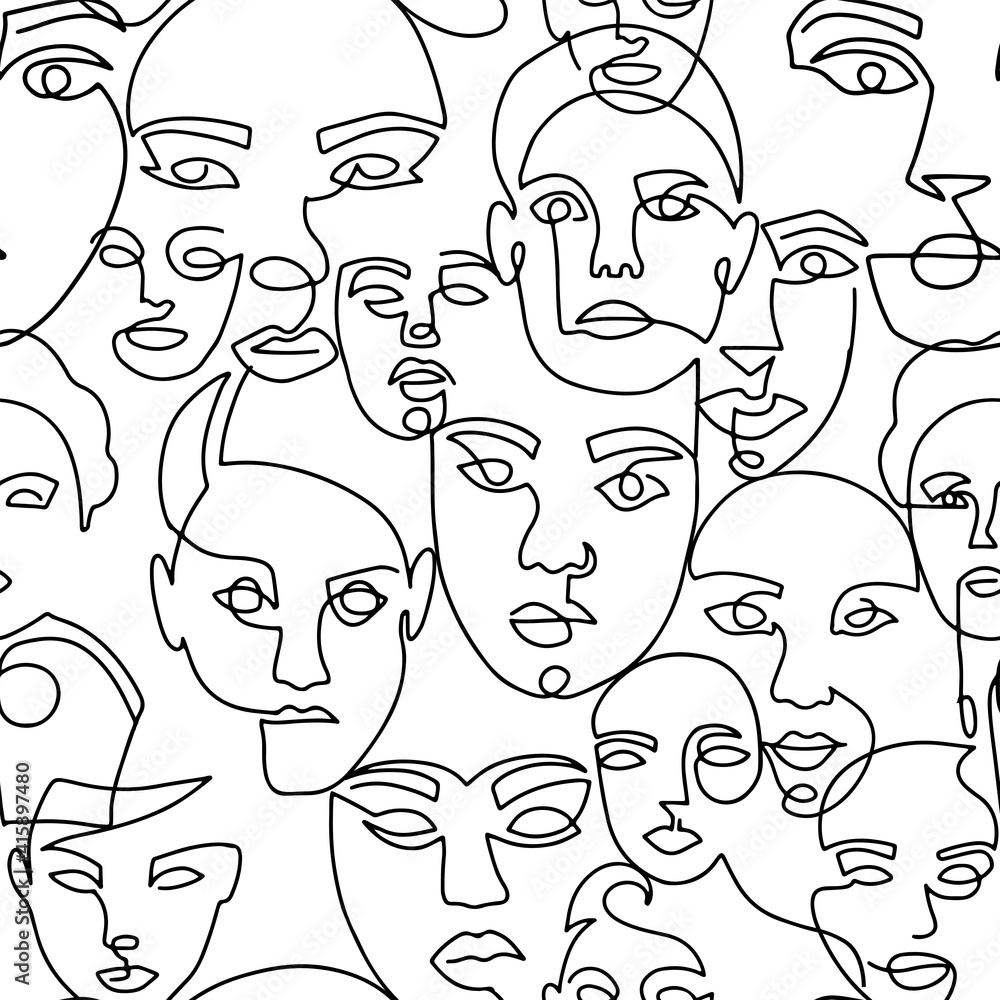 Line art seamless pattern with female portraits on a white background ...