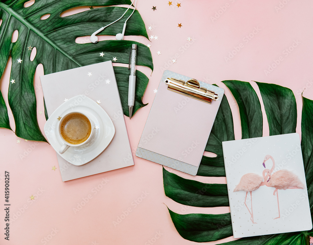 Feminine flat lay, mock up clipboard on tropical pink background for ...