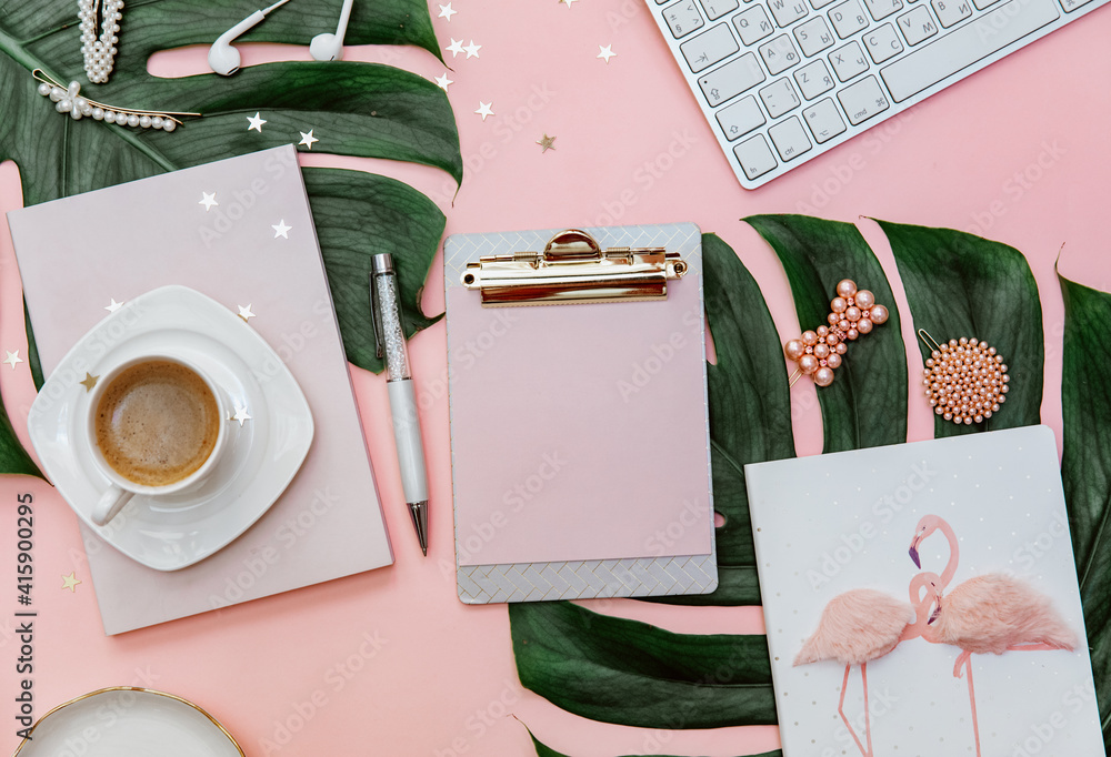 Feminine flat lay, mock up clipboard on tropical pink background for ...