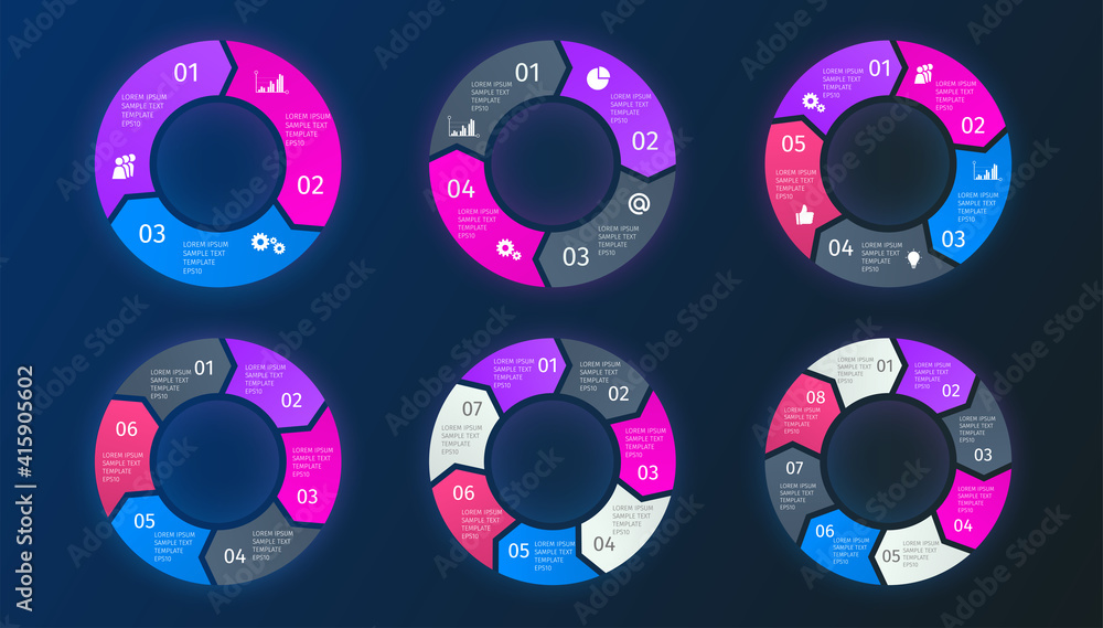 Circle arrows infographic set in modern glowing purple and blue color ...