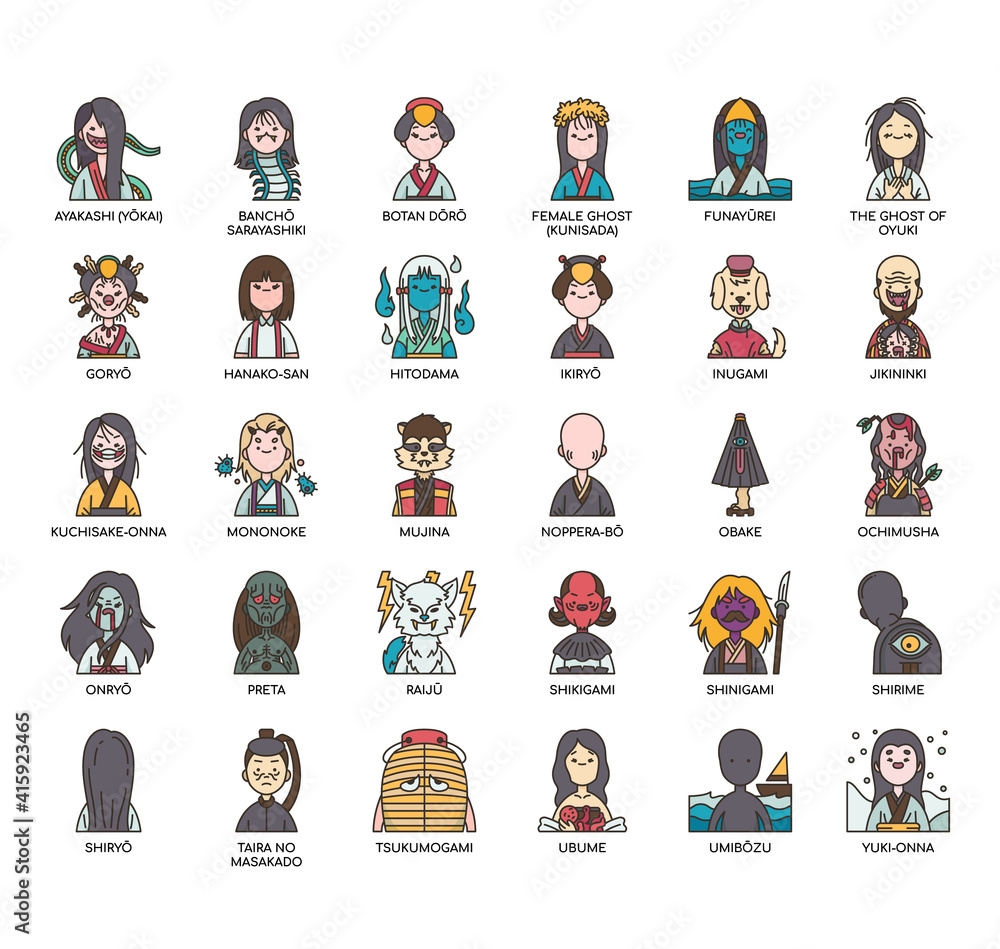 Set of japanese ghost thin line and pixel perfect icons for any web and ...