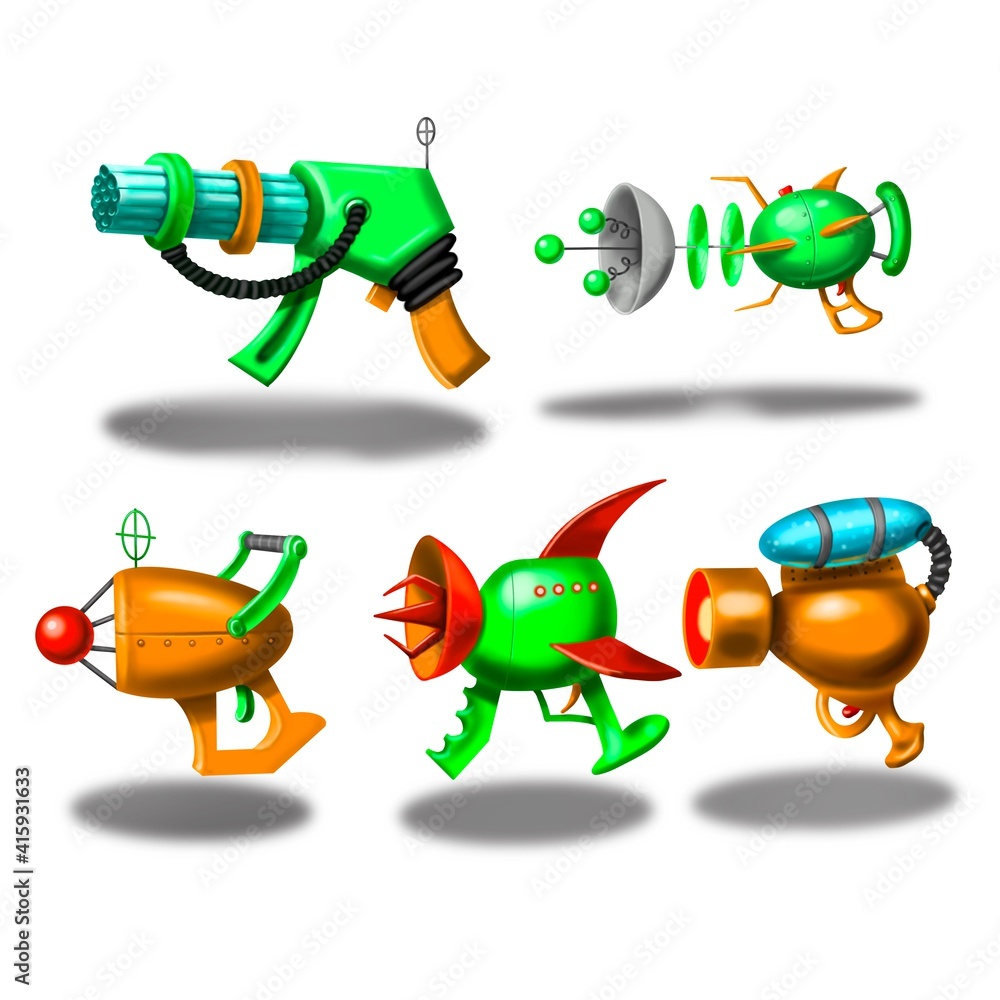 Set of cartoon retro space blasters, beam guns, laser weapons isolated ...