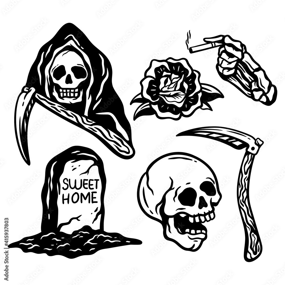 flash tattoo skull and bones Stock Vector | Adobe Stock