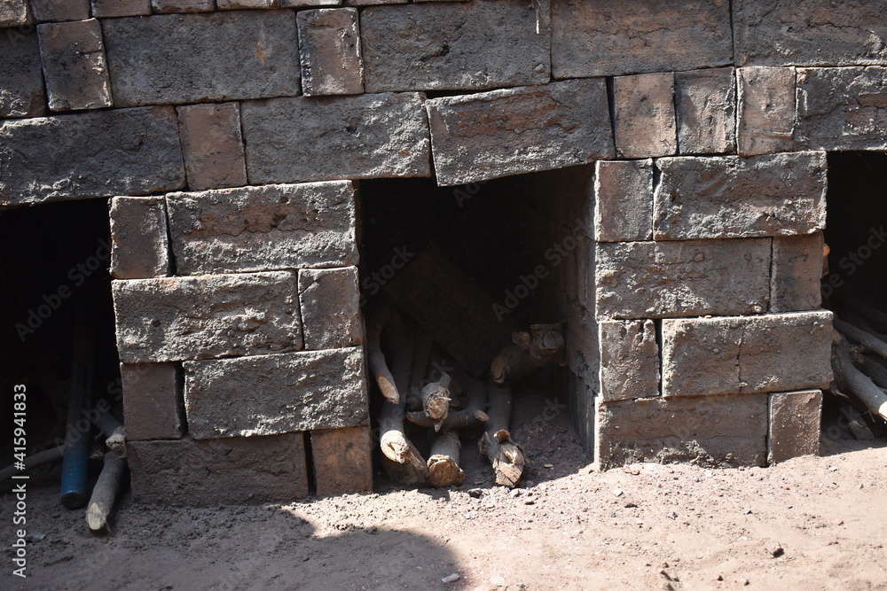 brick kiln.Brick making process .A burning traditional Indian clove ...