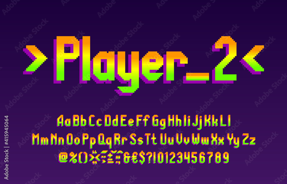 Player 2 alphabet font. Digital pixel letters, numbers and punctuations ...