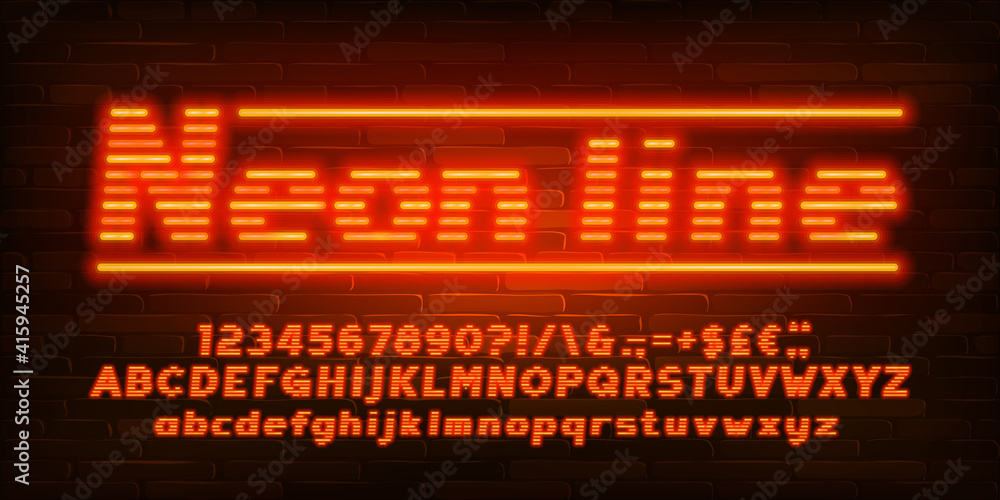 Neon line alphabet font. Neon light simple letters, numbers and ...