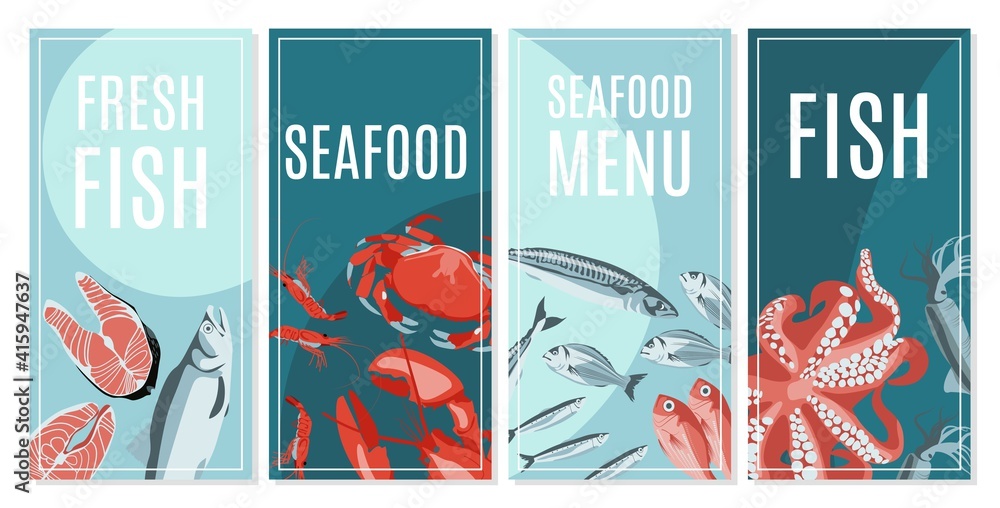 Fresh seafood card templates set. Seafood restaurant menu, fish market ...