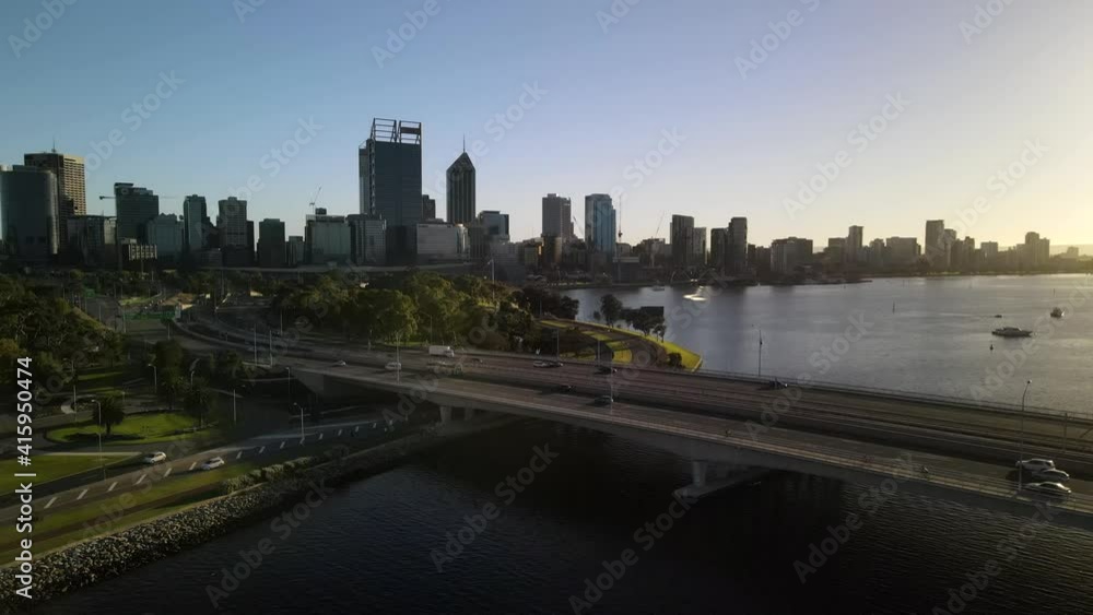 Perth city skyline sunrise. Drone shot in the early hours of the ...