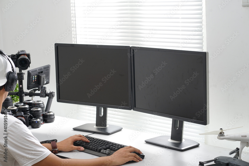 Clean Workspace using Dual Monitor Setup Stock Photo | Adobe Stock