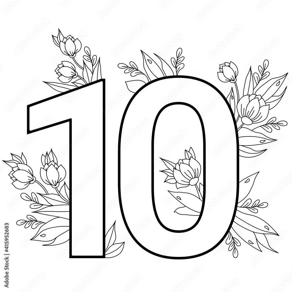 Flower number ten. Decorative pattern 10 with flowers, tulips, buds and ...