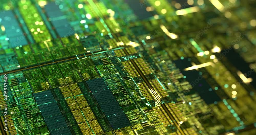 Electronic computer hardware, silicon wafer with gold elements. Data ...