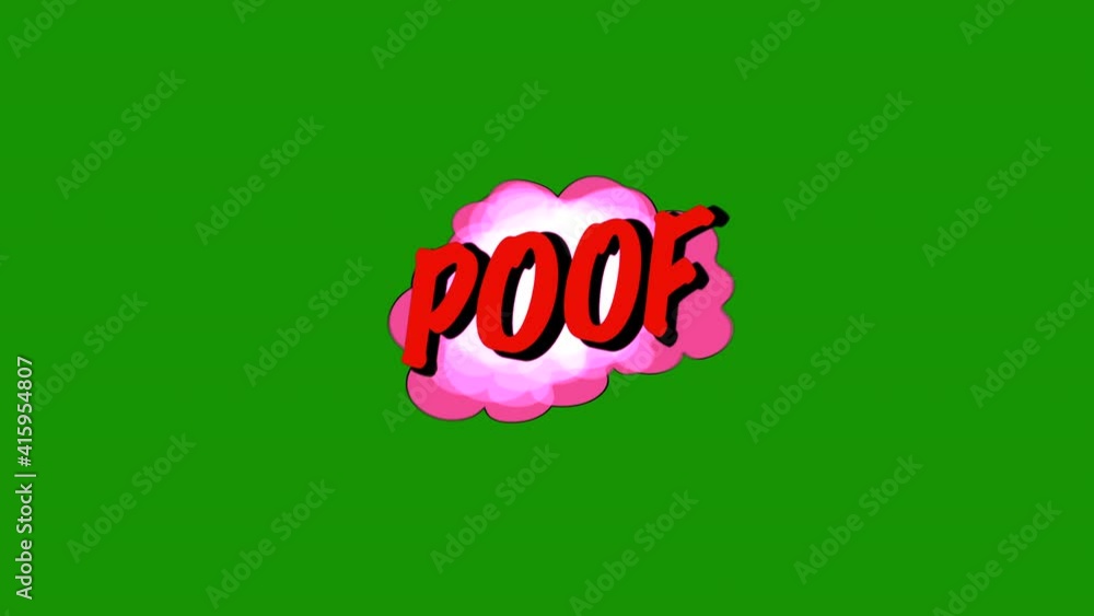 POOF flashes in pink cartoon cloud on green screen, chroma key ...