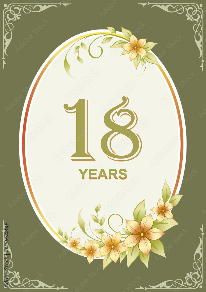 18th Anniversary celebration, greeting card with flowers in an oval ...
