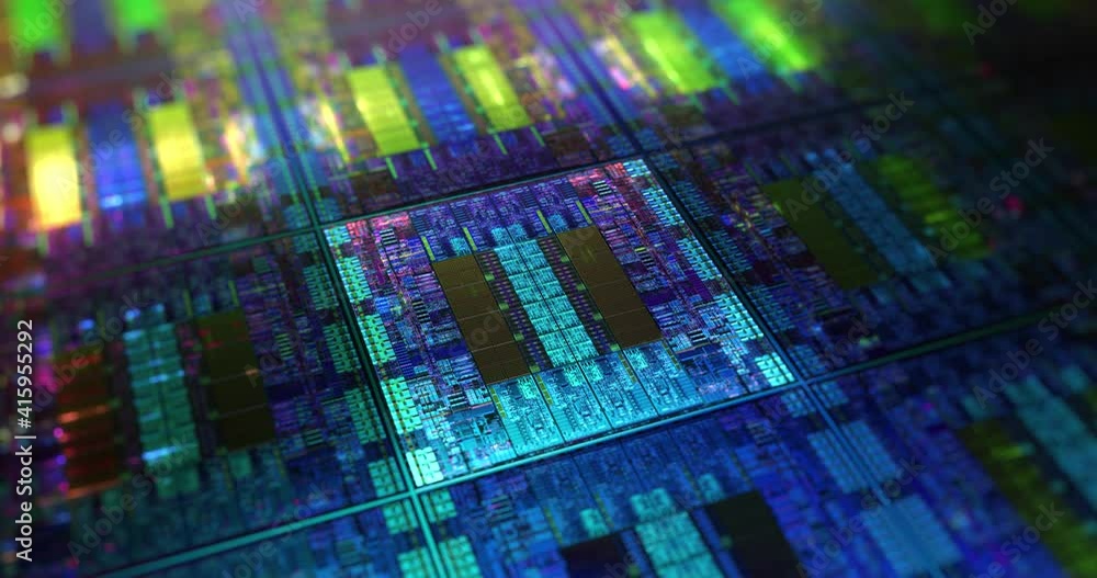 Futuristic microchip processors on wafer with data neon lights ...