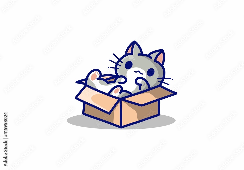 Little grey cat in the box kawaii illustration Stock Vector | Adobe Stock