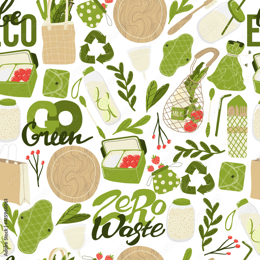 Eco friendly lifestyle. Seamless pattern with reusable and recyclable ...