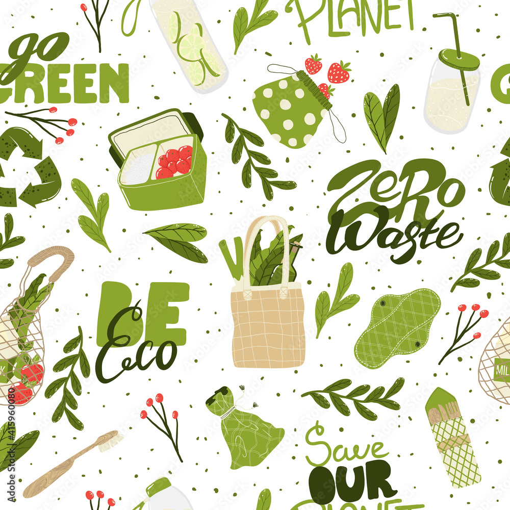 Eco friendly lifestyle. Seamless pattern with reusable and recyclable ...