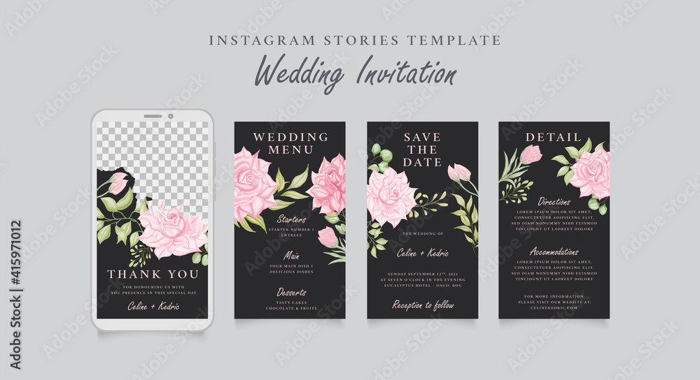 Instagram stories template for wedding invitation theme with floral ...