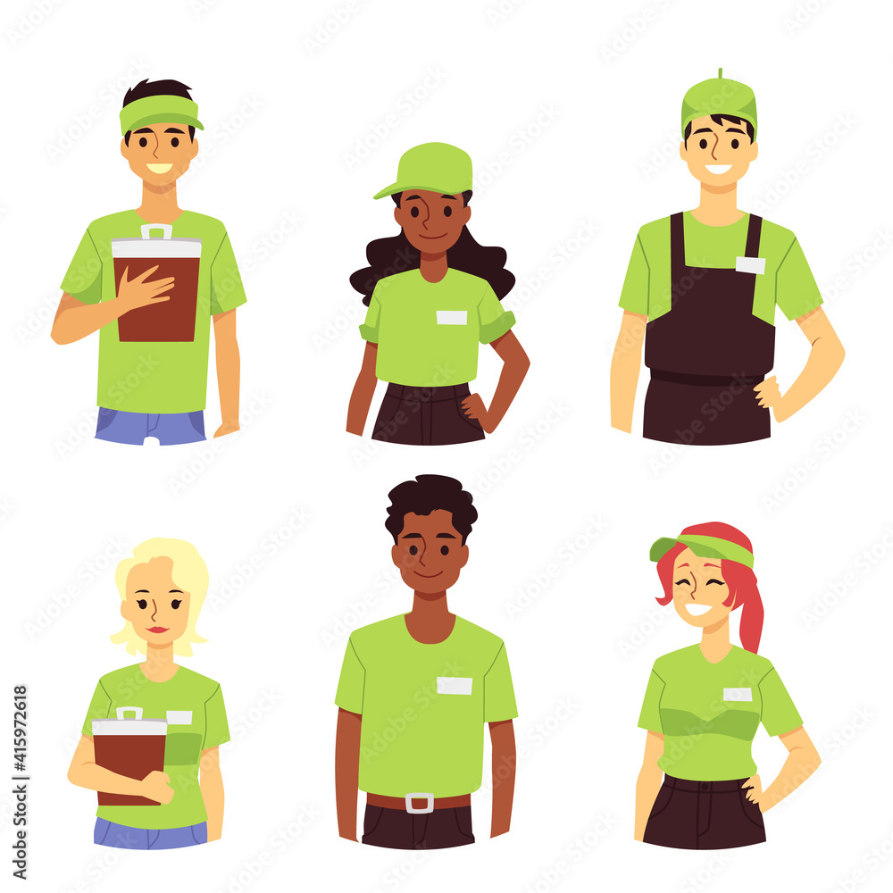 Fast food restaurant service workers in green uniform a flat vector ...