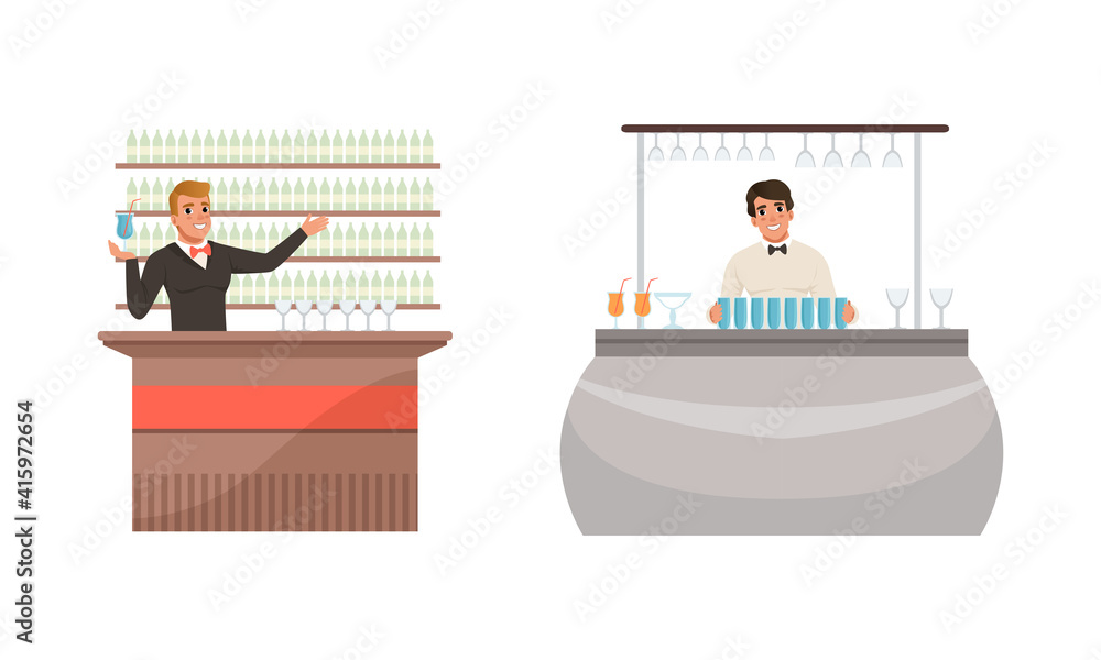 Cheerful Barmen Preparing Cocktails at Bar Counter Set, Bartenders ...