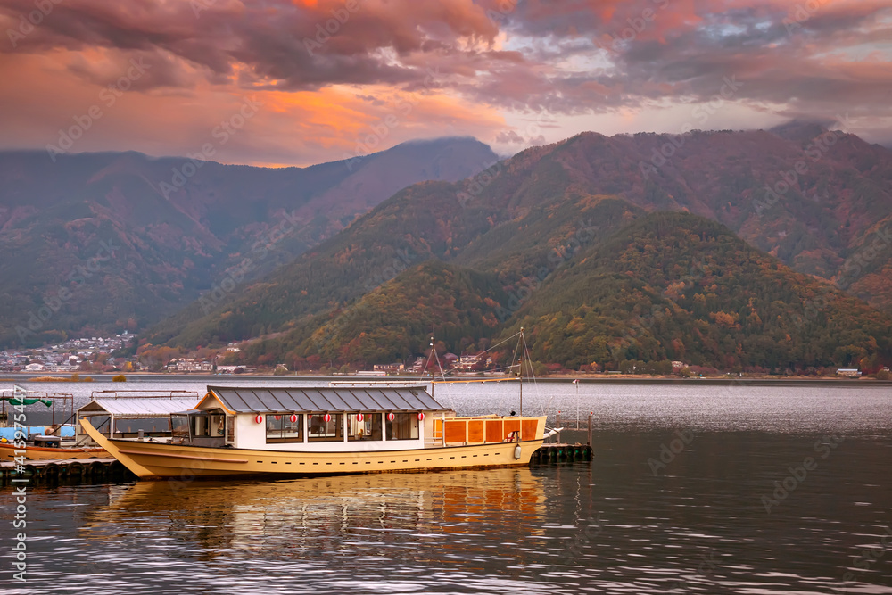 Autumn Lake Kawaguchiko. Five fuji lakes in Japan. Japanese-style boat ...