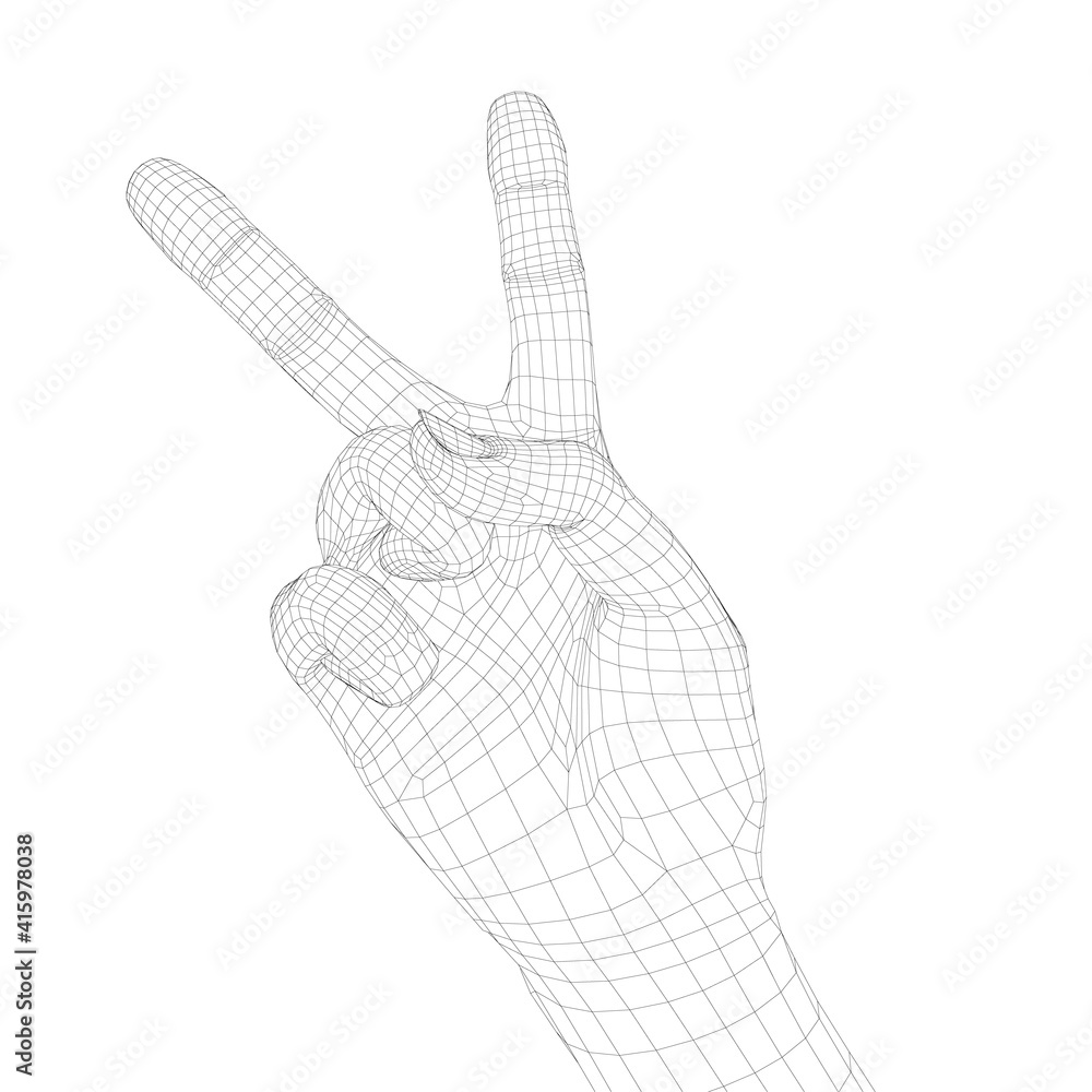 Wireframe of a human hand shows two fingers. A symbol of peace. 3D ...