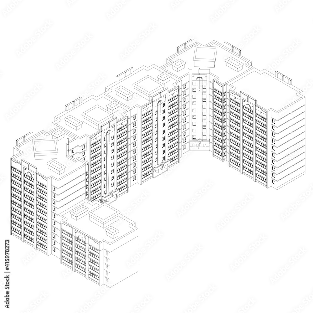 The outline of a multi-storey residential building. Isometric view. 3D ...