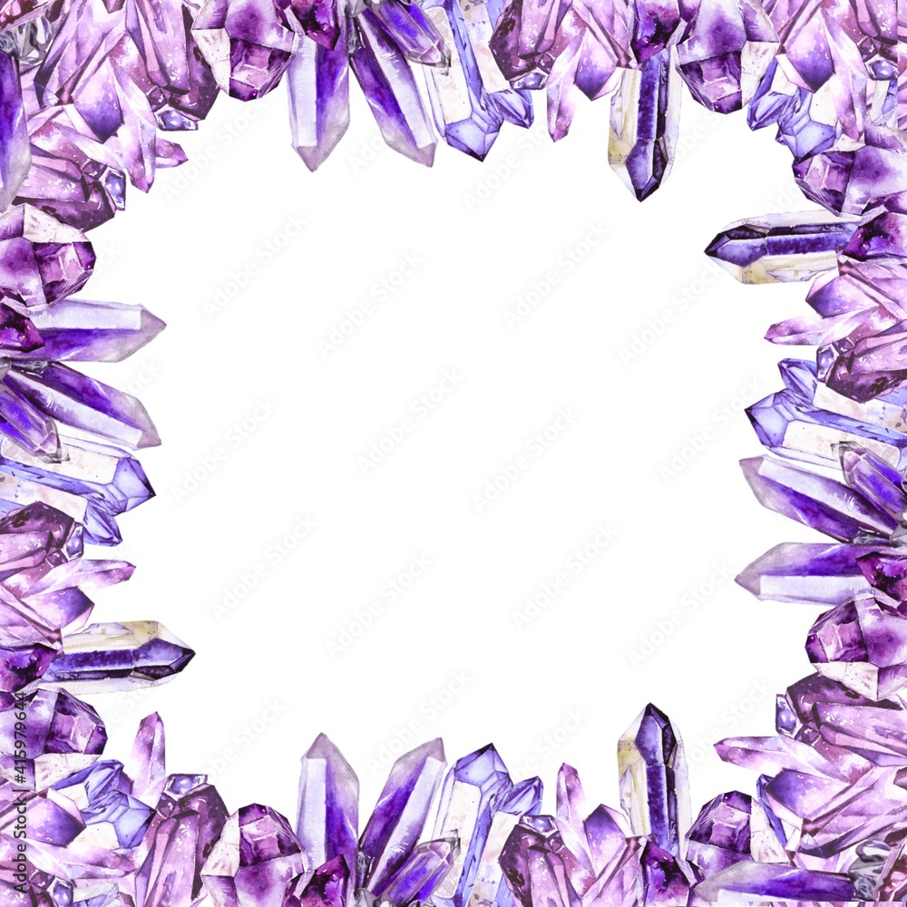 Watercolor illustration. Frame, border geometry purple crystals ...