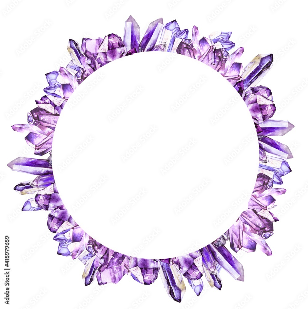 Watercolor illustration. Frame, round border geometry purple crystals ...
