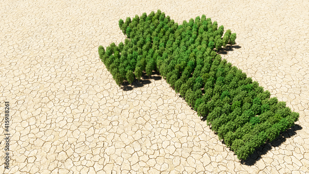 Concept or conceptual group of green forest tree on dry ground ...