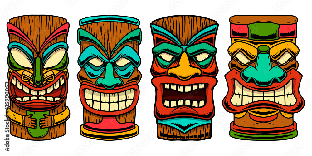 Set of Illustration of tiki idol. Design element for logo, label, sign ...