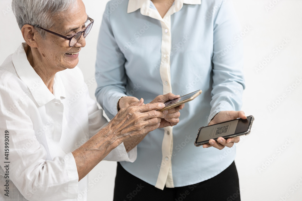 Asian woman teaching the old people how to use mobile phone,Happy ...