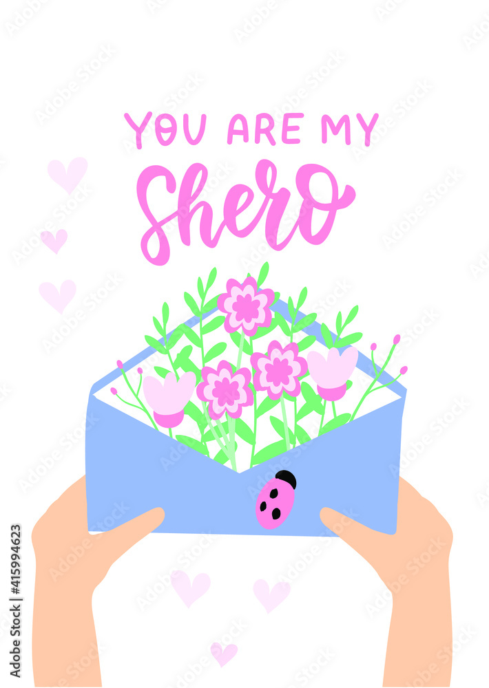 Hands holding envelope with bouquet of spring blooming wildflowers and ...