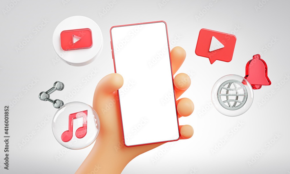 Cute Hand Holding Phone Youtube Icons Around 3D Rendering Mockup ...