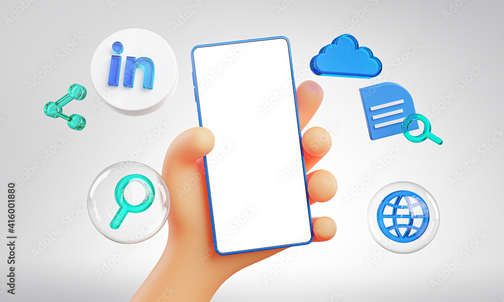 Cute Hand Holding Phone LinkedIn Icons Around 3D Rendering Mockup ...