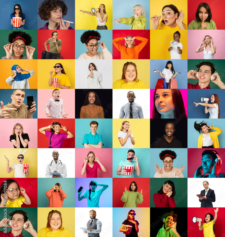Collage of faces of 35 emotional people on multicolored backgrounds ...